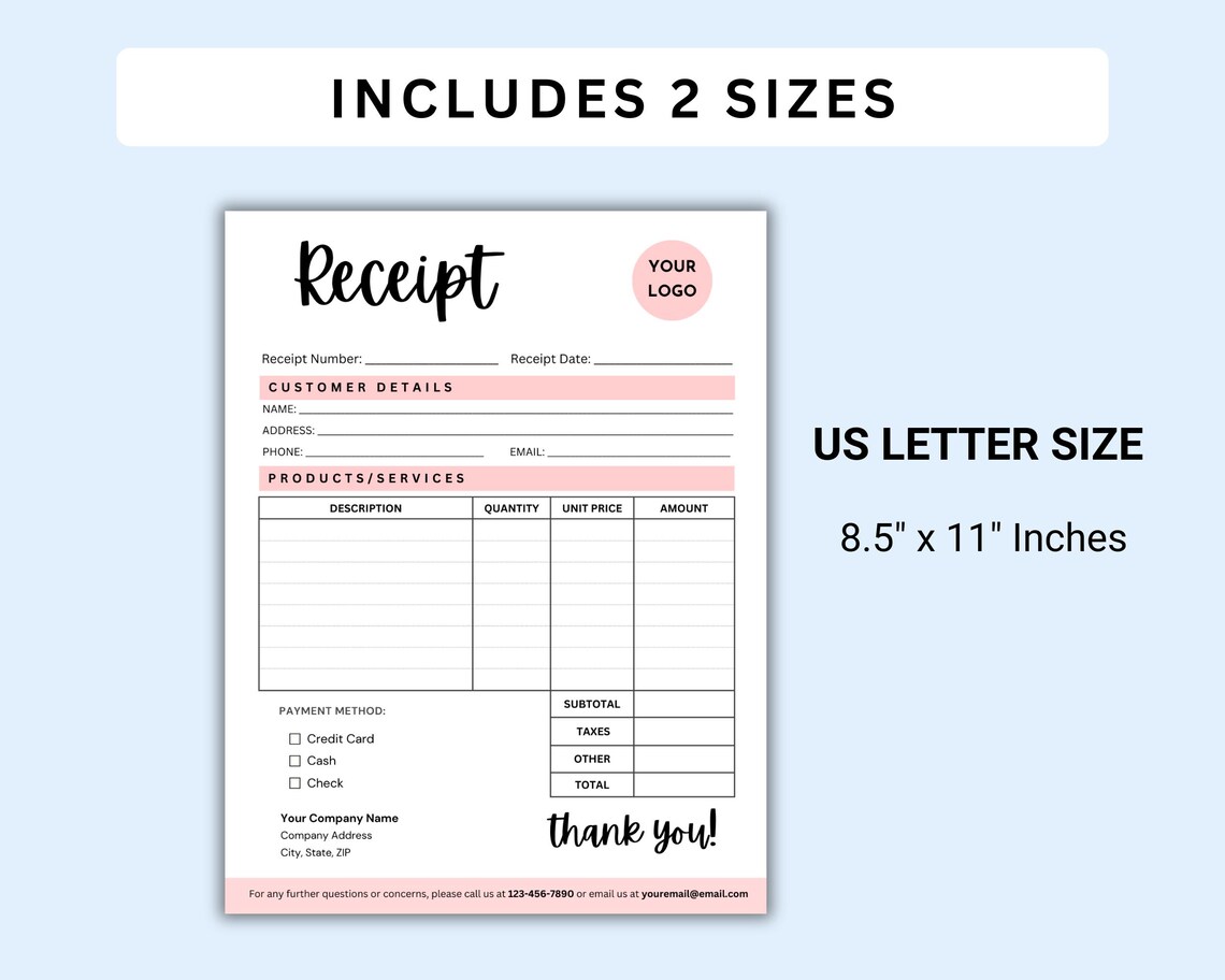 Receipt Template Printable, Billing Template, Small Business Digital Receipt Form, Customer ...