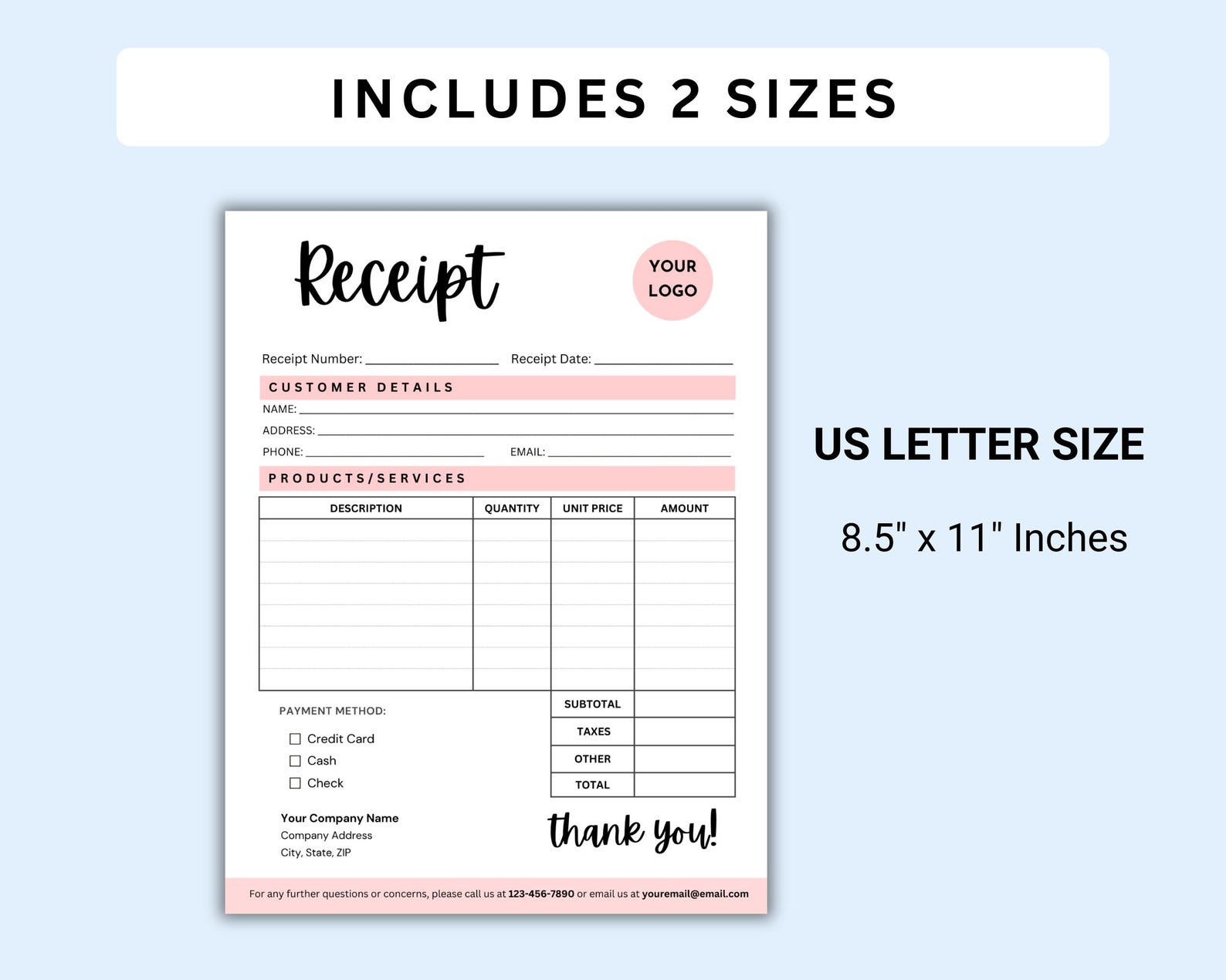 Receipt Template Printable, Billing Template, Small Business Digital ...