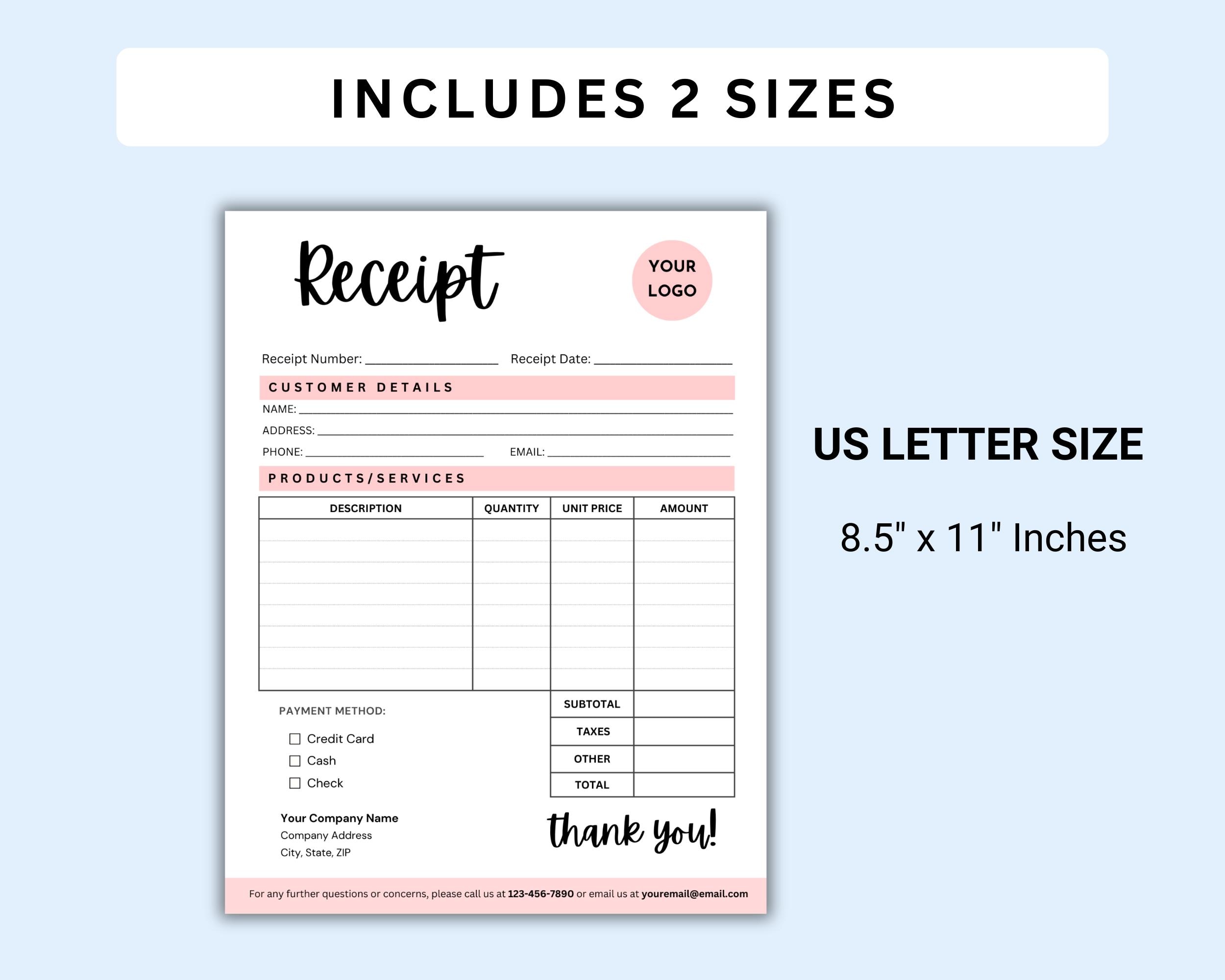 Receipt Template Printable, Billing Template, Small Business Digital ...