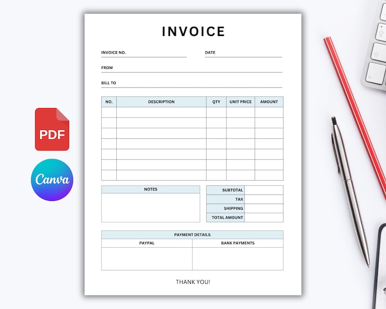 Editable Blank Invoice Template Canva Printable Professional Business ...