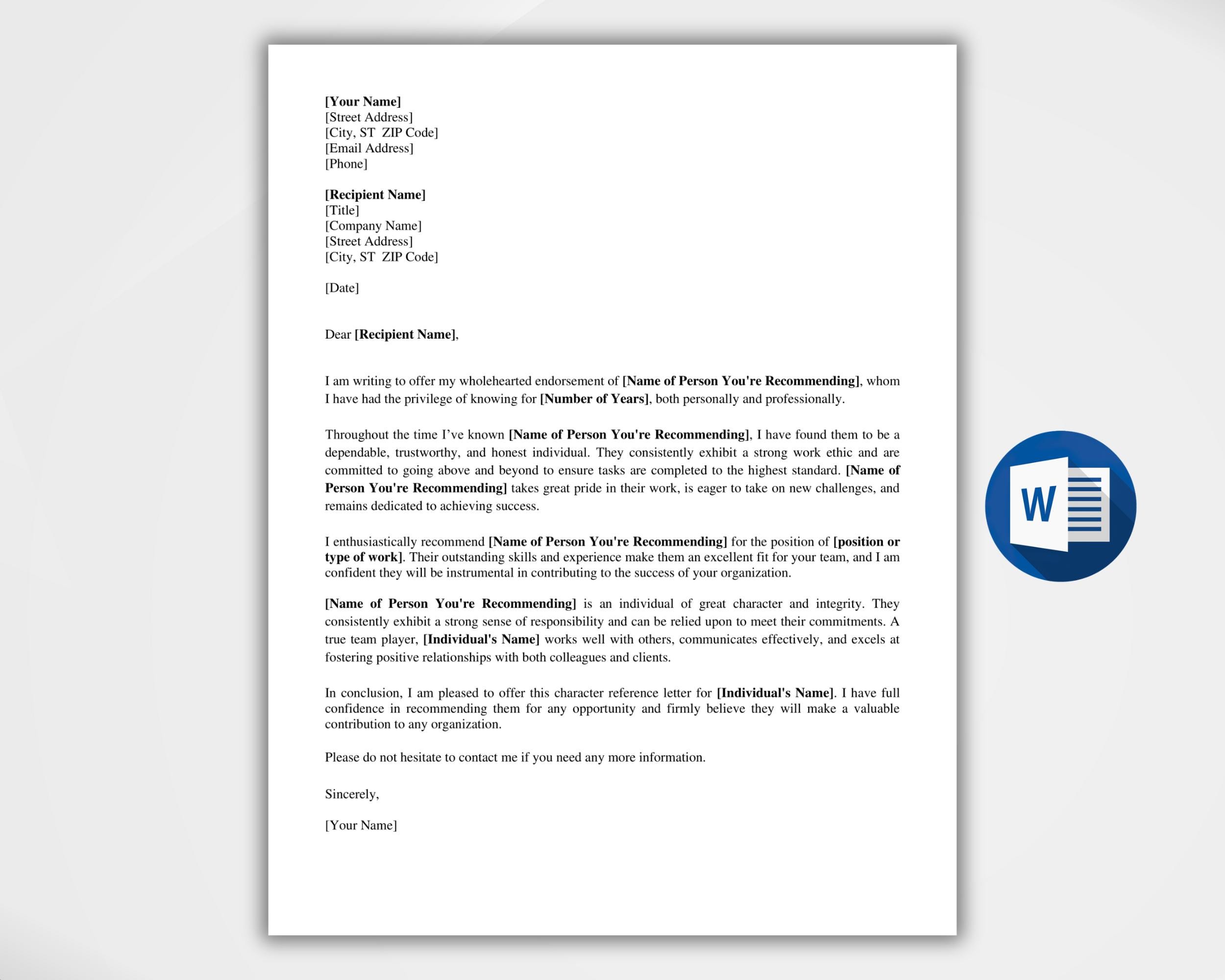 Editable Character Reference Letter Template, Professional Character ...