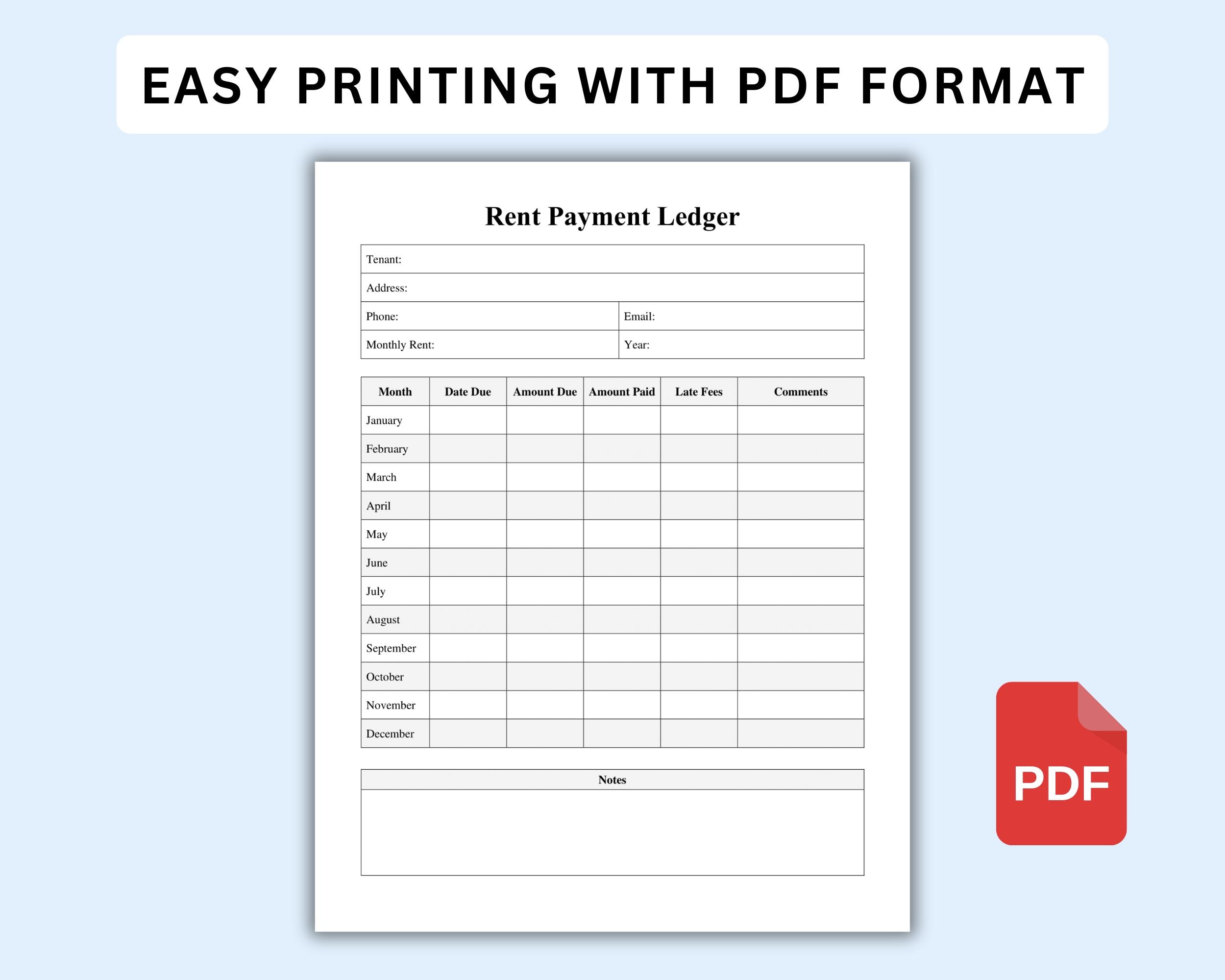 Printable Rent Payment Ledger. Monthly Rent Payment Tracker. Rent ...