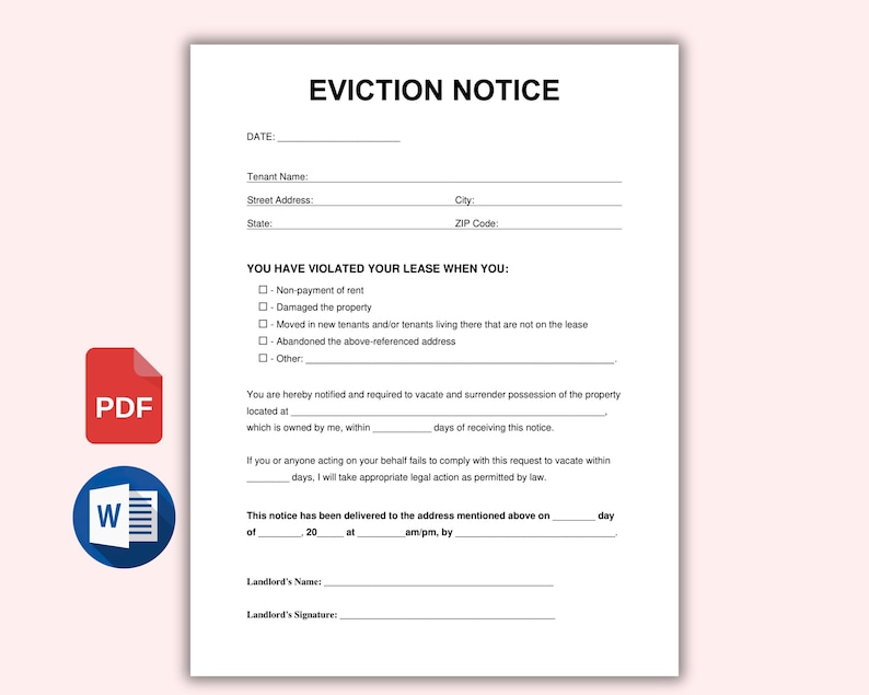 Printable Eviction Notice. Lease Termination Form. Editable Notice to ...