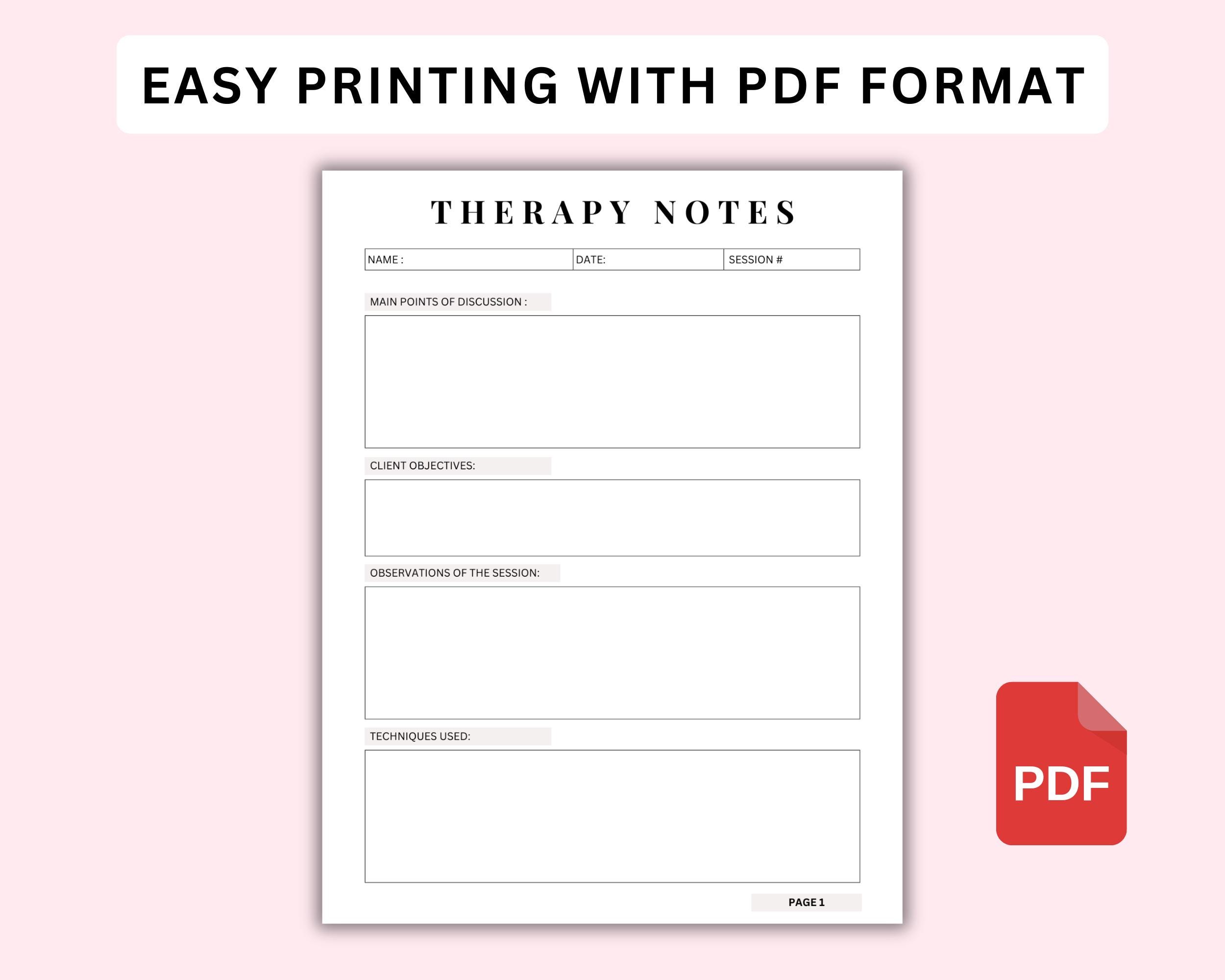 Therapy Notes. Therapist Worksheet. Printable Therapy Session Template ...
