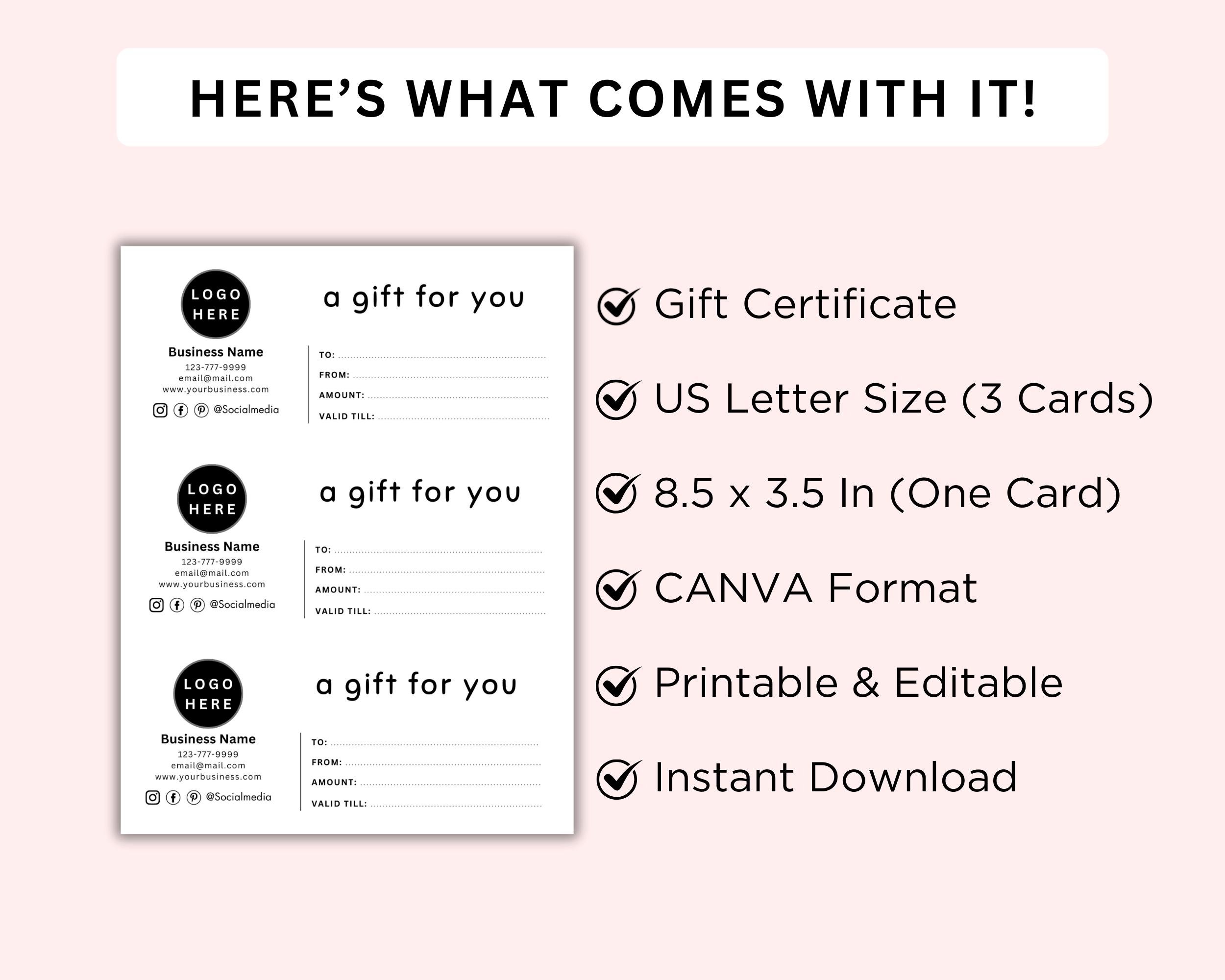 Printable Gift Card, Blank Gift Certificate, Gift Certificate Printable ...