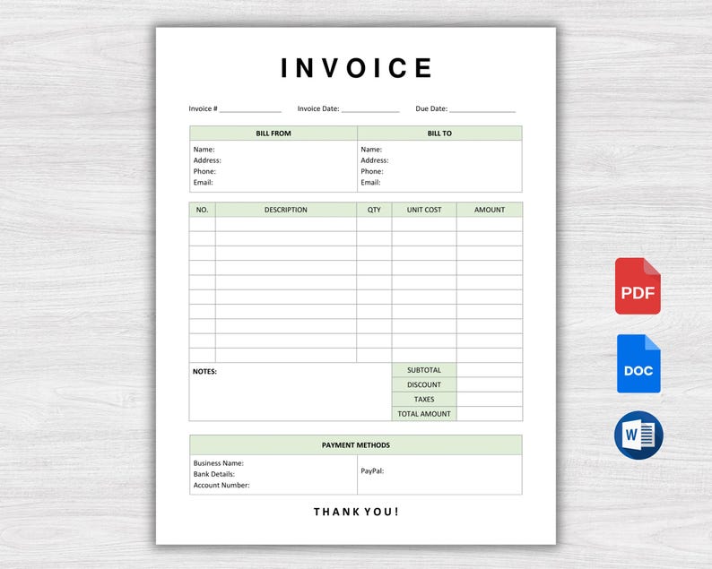 Editable Invoice Template Microsoft Word & Google Docs | Blank Invoice PDF | Custom Invoice ...