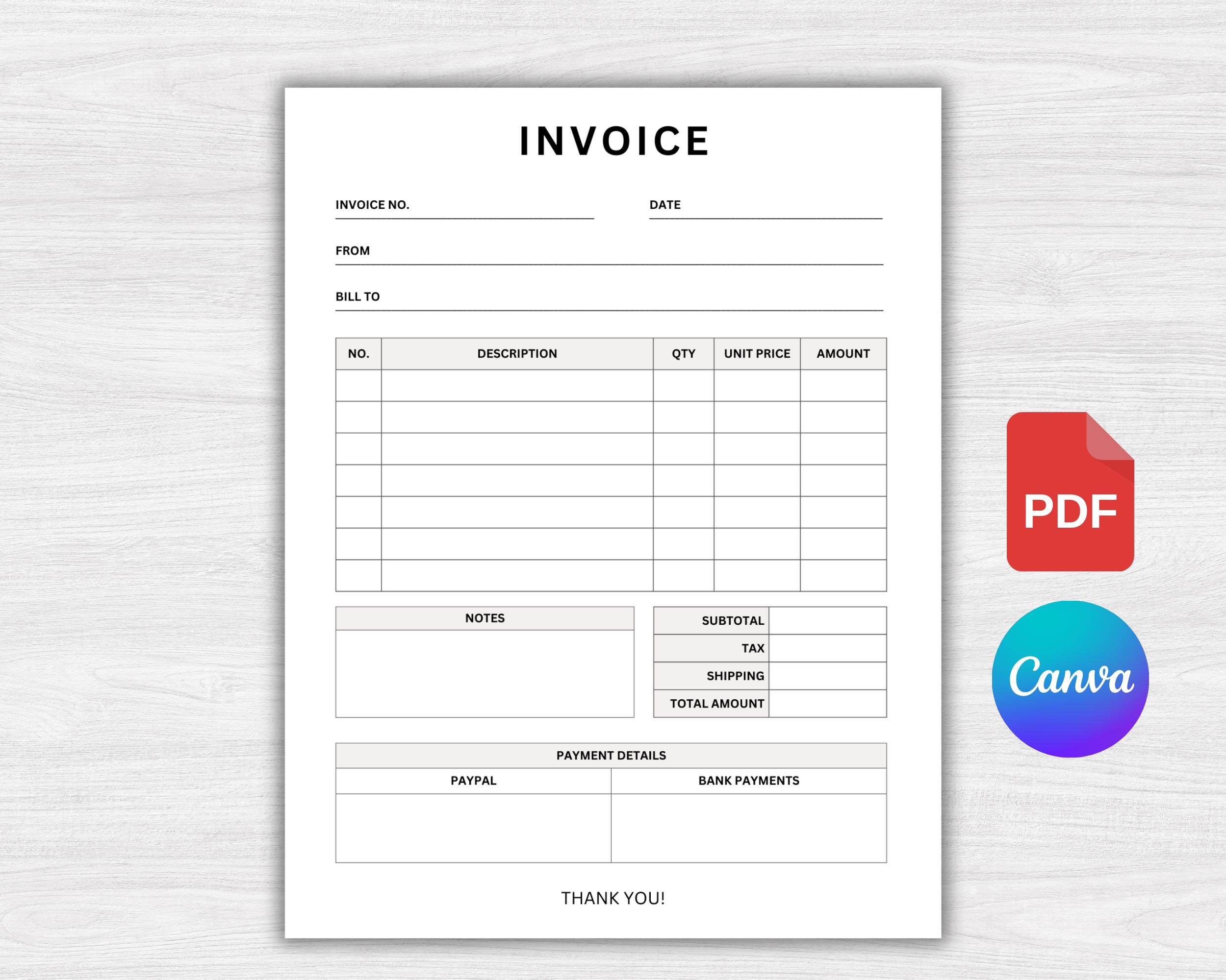 Editable Blank Invoice Template Canva Printable Professional Business ...