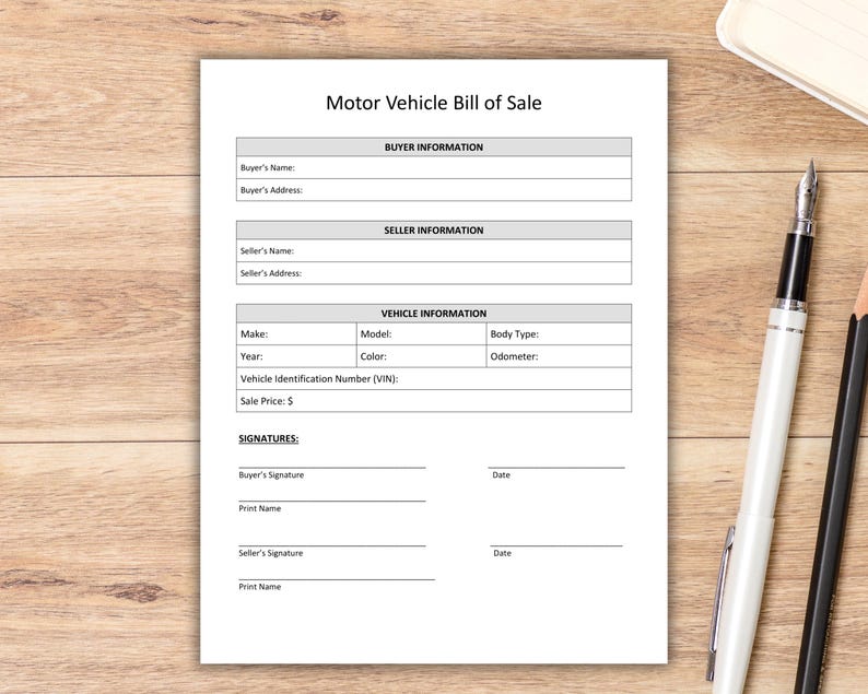 Motor Vehicle Bill of Sale, Car Sale Form, Automotive for Sale, Bill of ...
