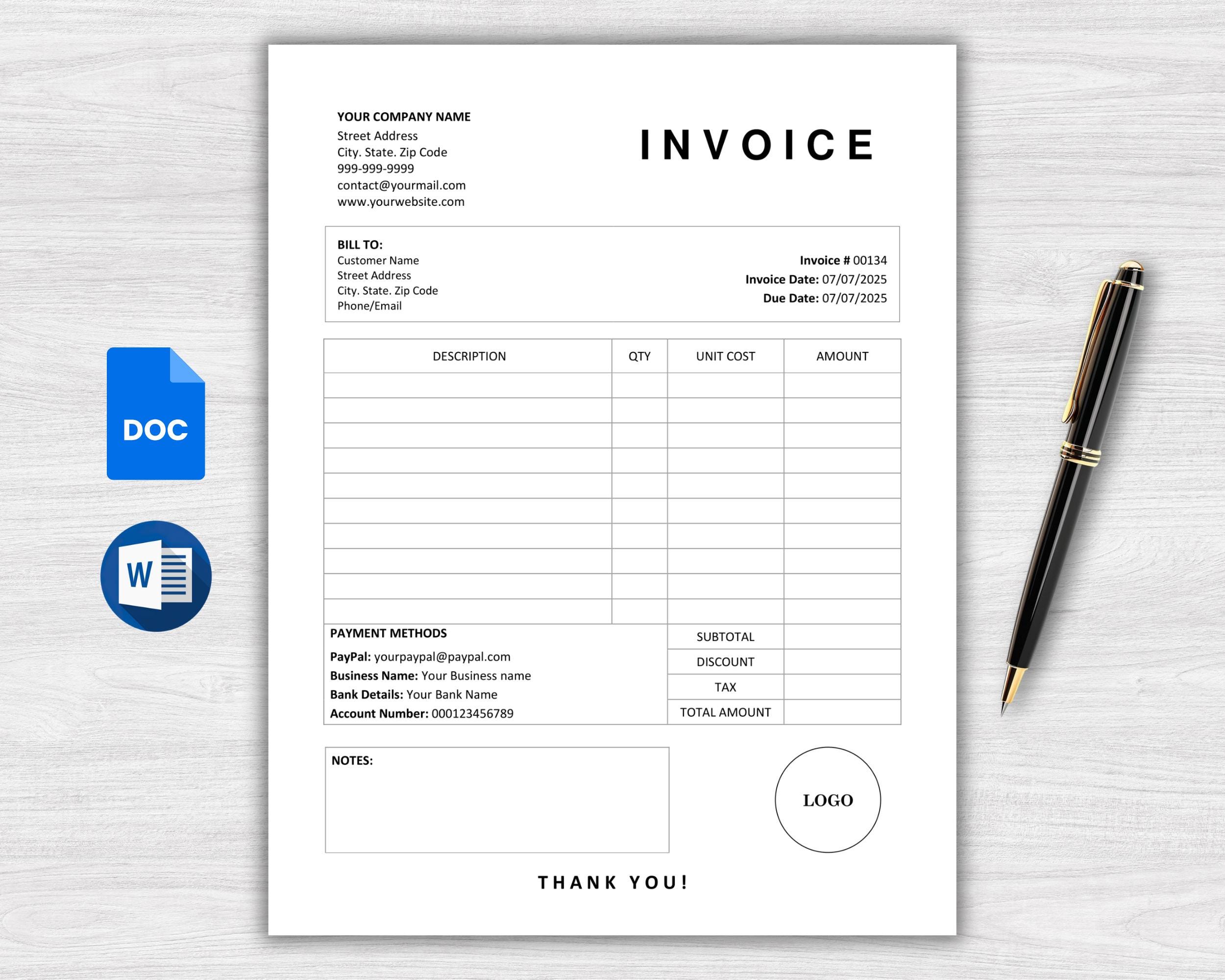 Invoice Template Printable. Professional Business Invoice Form. Modern ...