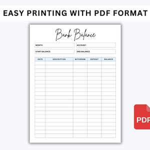 PRINTABLE Bank Balance PDF. Bank Account Log. Balance Sheet. Savings ...
