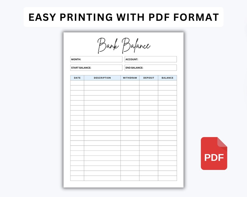 PRINTABLE Bank Balance PDF. Bank Account Log. Balance Sheet. Savings ...