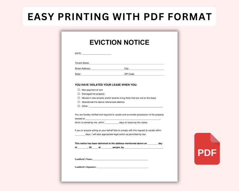 Printable Eviction Notice. Lease Termination Form. Editable Notice to ...
