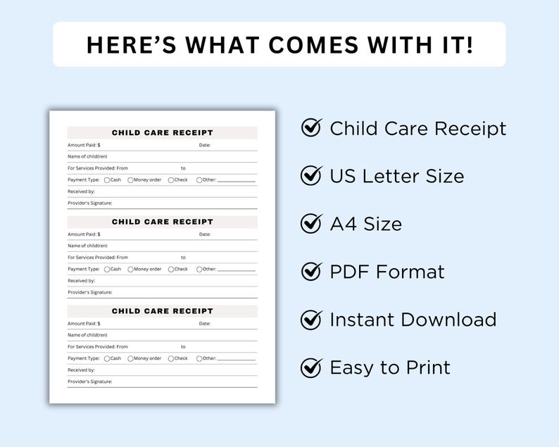 Child Care Receipt Printable: Daycare Payment Form (PDF) - Etsy