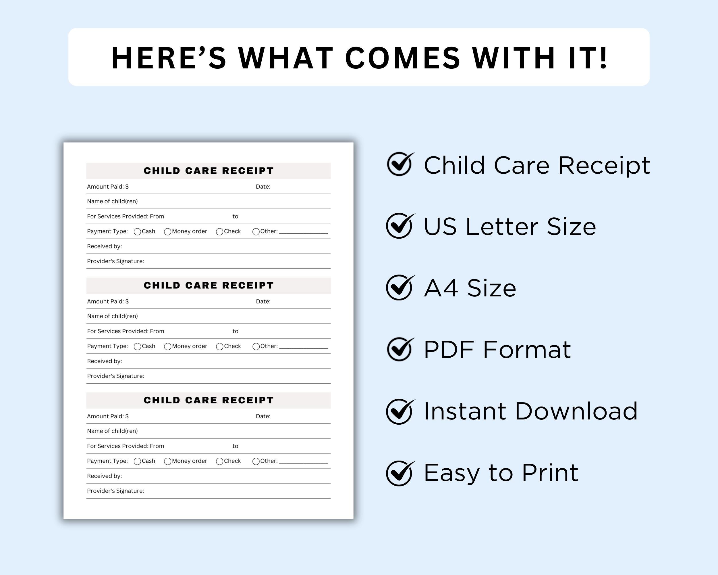 Child Care Receipt Printable, Daycare Payment Form, Daycare Receipt ...
