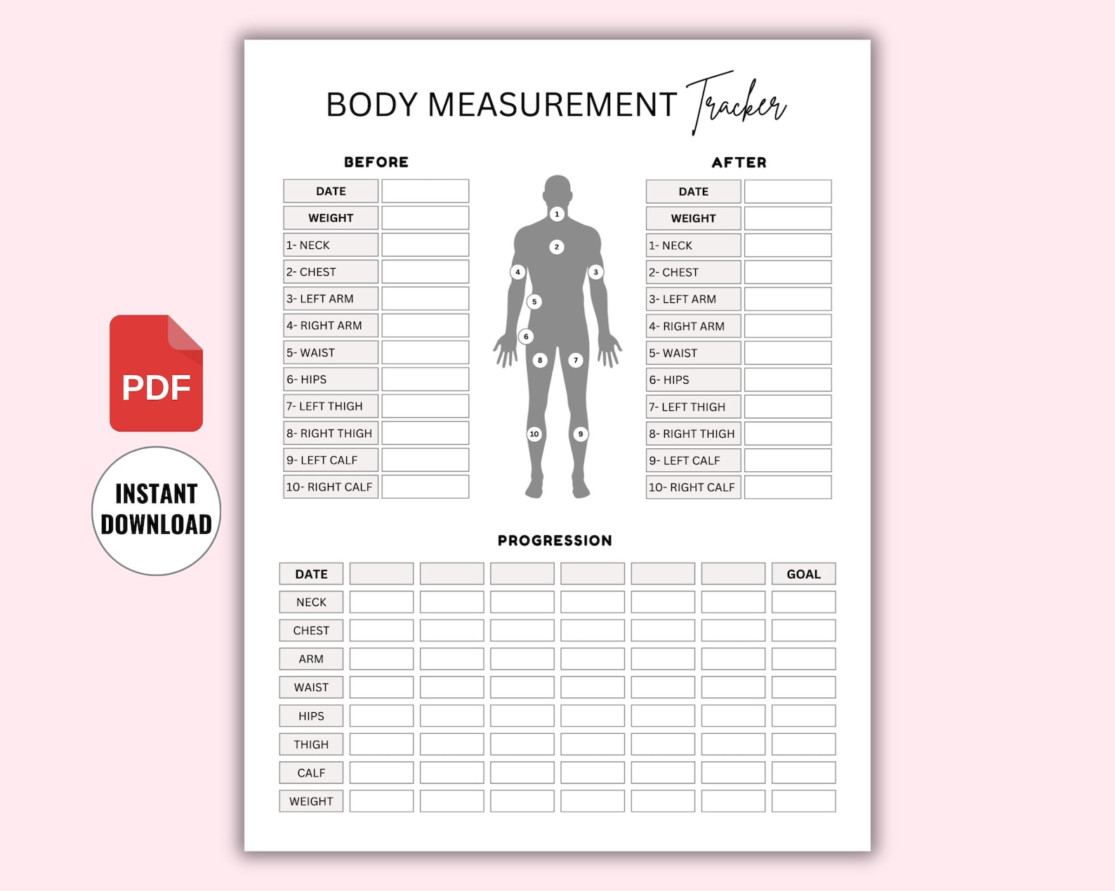 Fitness Progress Tracker Printable, Body Measurement Chart, Body ...