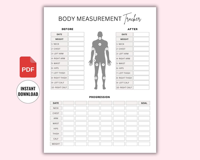 Fitness Progress Tracker Printable, Body Measurement Chart, Body ...
