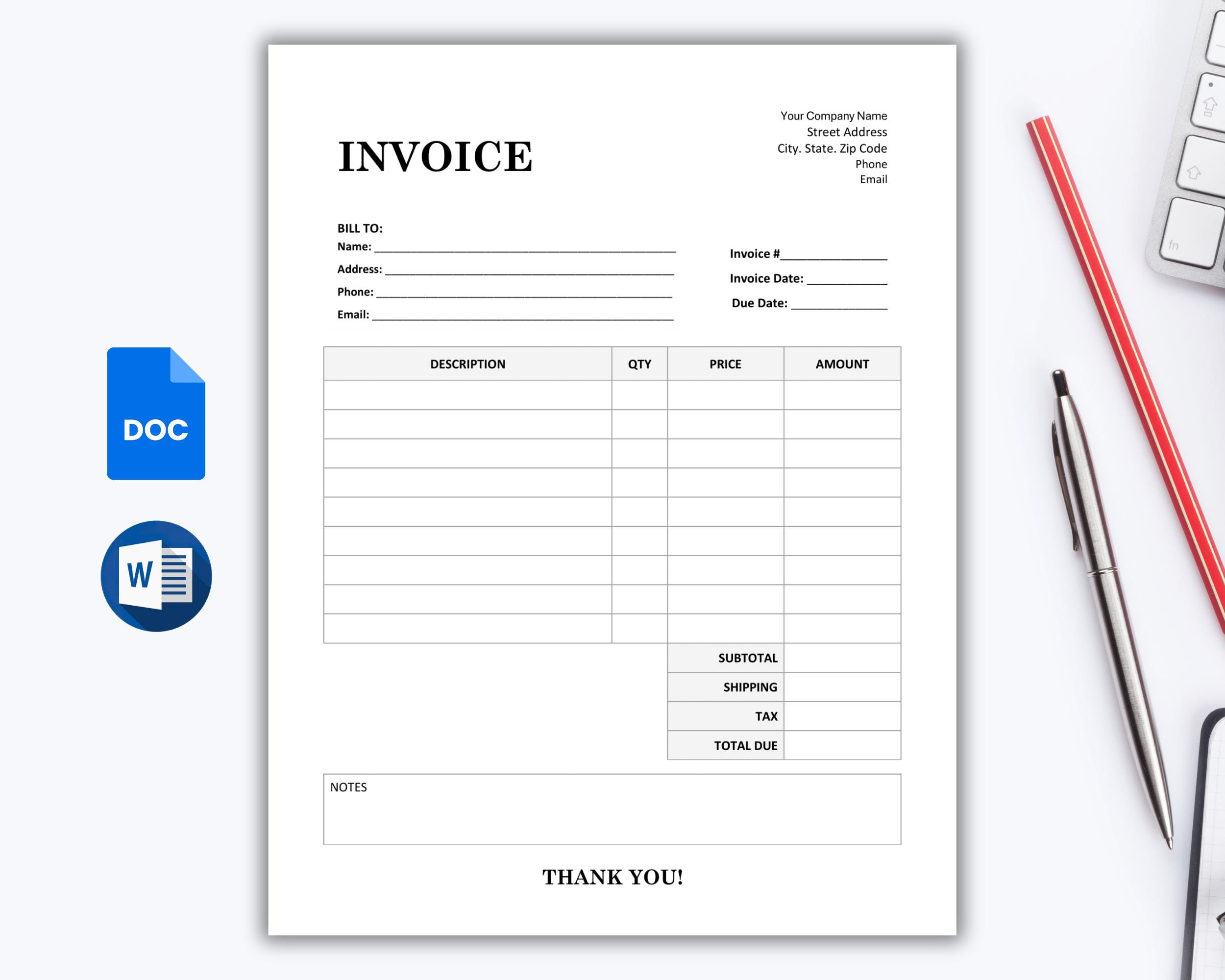 Editable Business Invoice Template, Custom Billing Form for Word ...