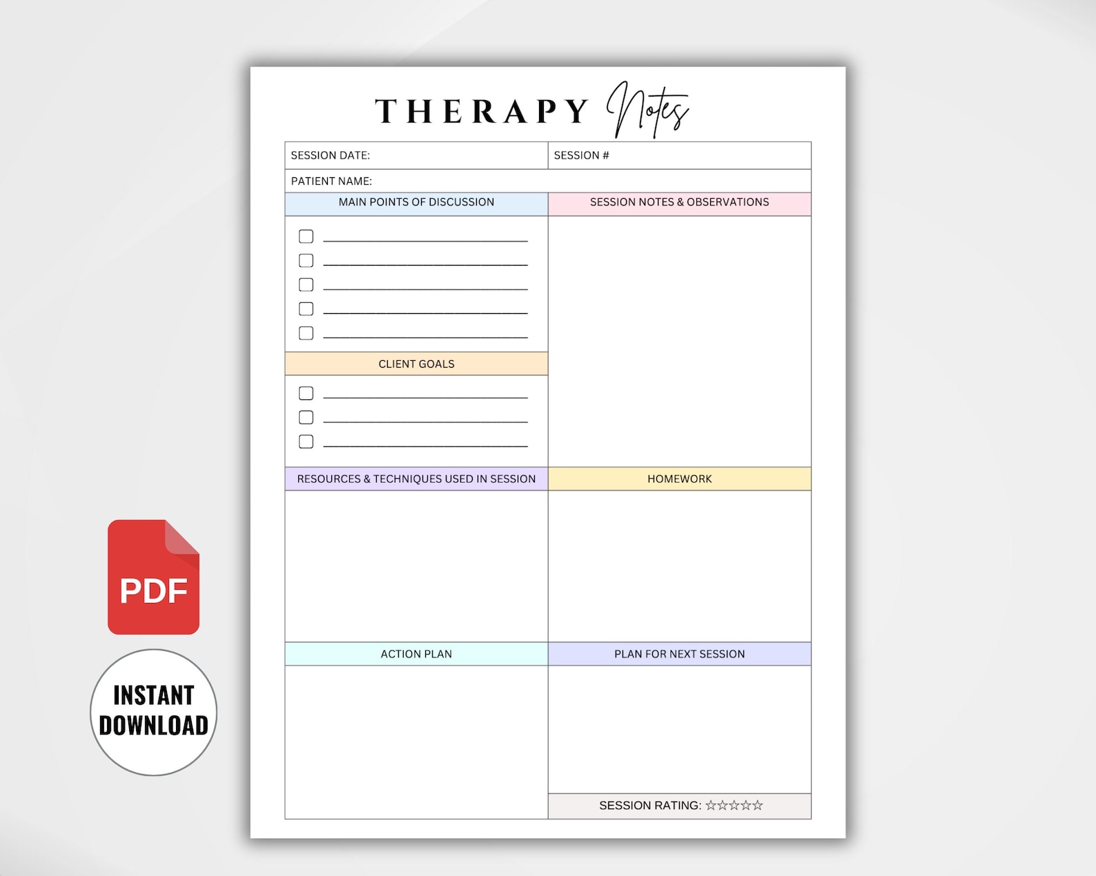 Therapy Session Notes Template Printable, Therapist & Psychologist ...