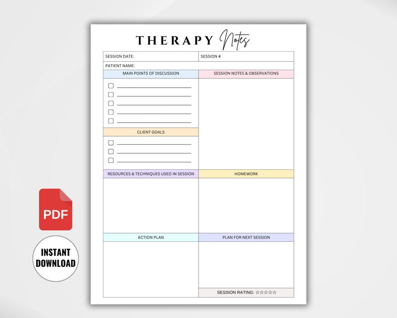 Therapy Session Notes Template Printable, Therapist & Psychologist ...