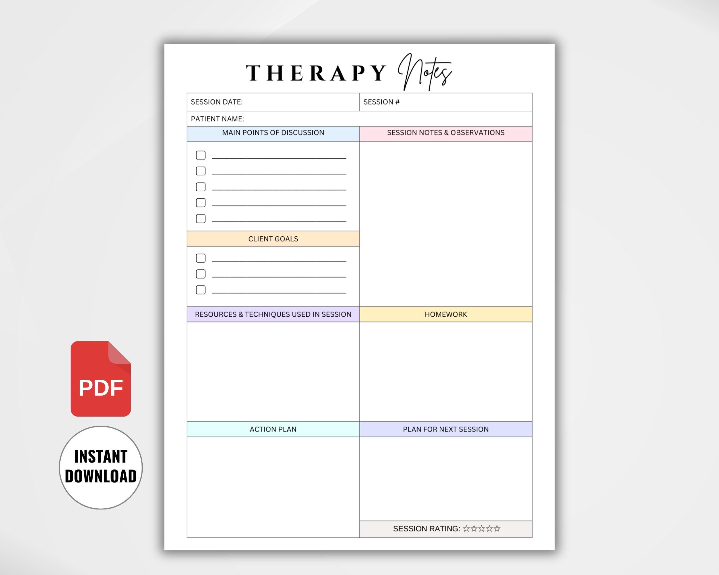 Printable Therapy Notes Template. Therapy Worksheet. Therapy Session ...
