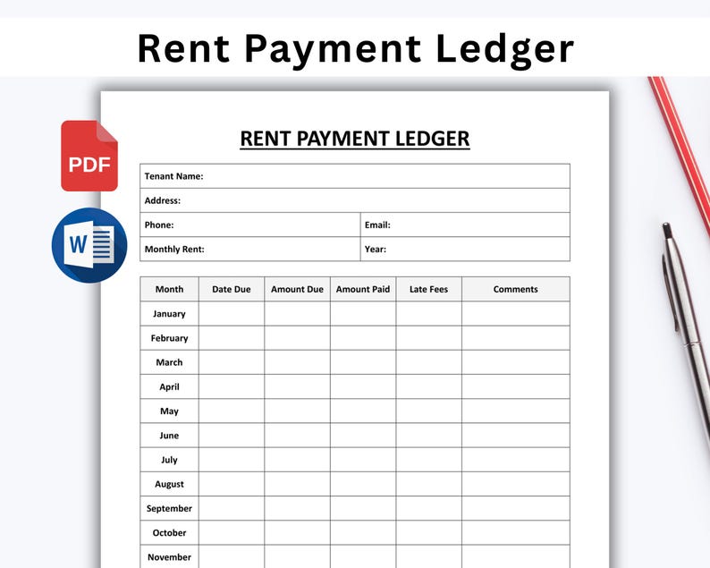 Rent Payment Ledger Printable, Landlord Rental Tracker, Monthly Rent ...