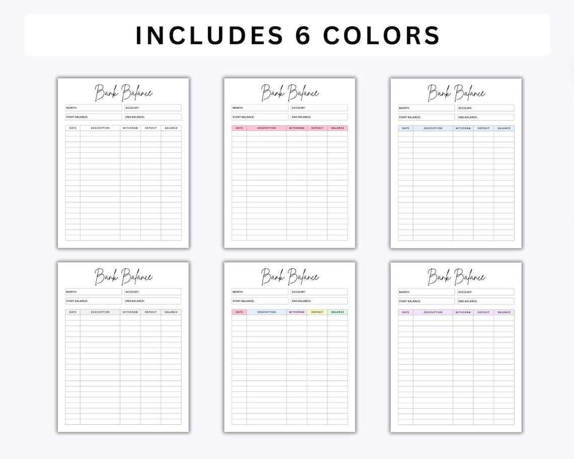 PRINTABLE Bank Balance PDF. Bank Account Log. Balance Sheet. Savings ...