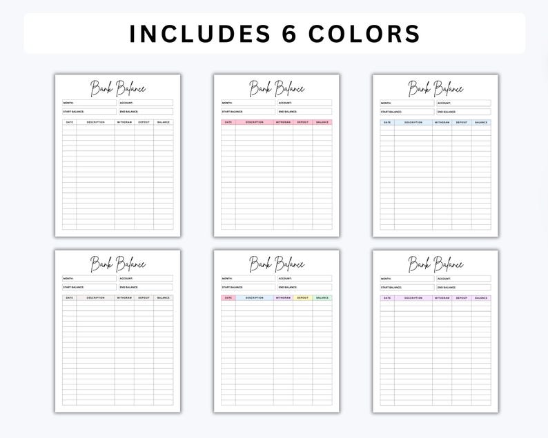 PRINTABLE Bank Balance PDF. Bank Account Log. Balance Sheet. Savings ...