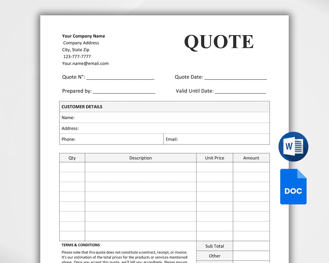 Quote Template. Printable Quote Form. Job Quote. Job Proposal. Price ...