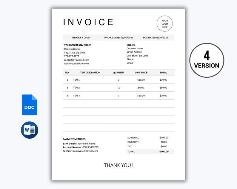 Modern Business Invoice Template | Editable Billing Form Word Google ...