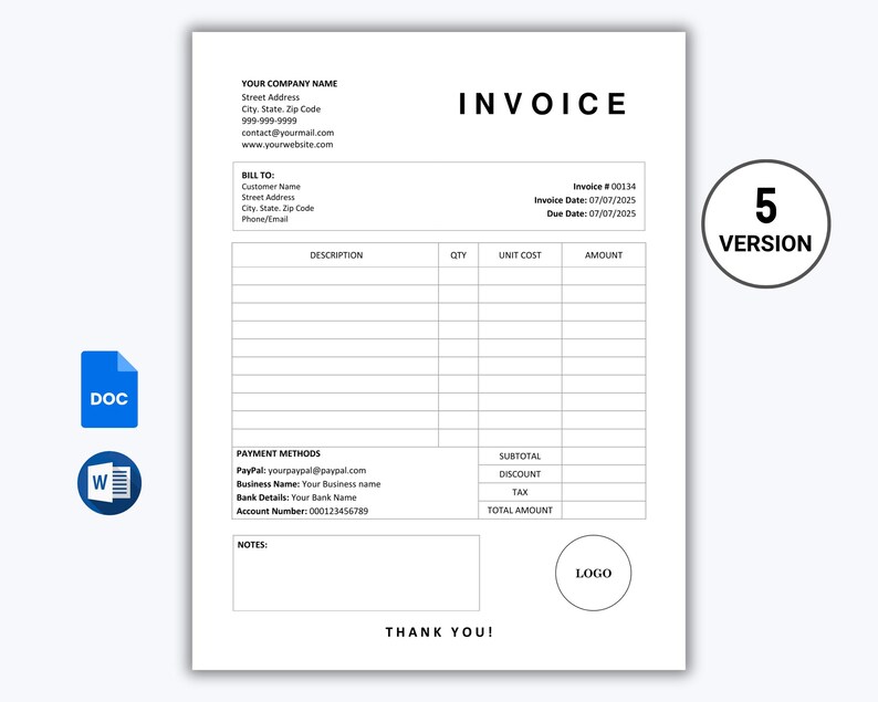 Modern Business Invoice Template | Editable Billing Form Word Google ...
