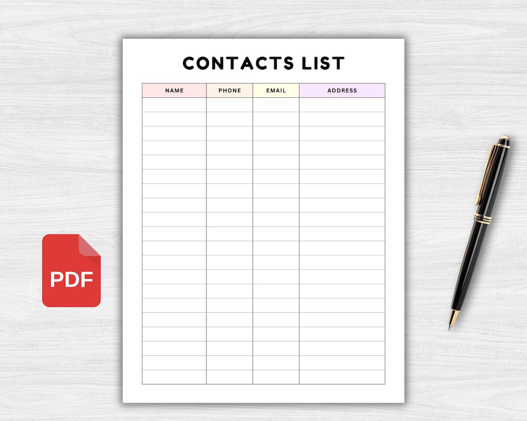 Printable Contact List, Client Contact Information, Address Book ...