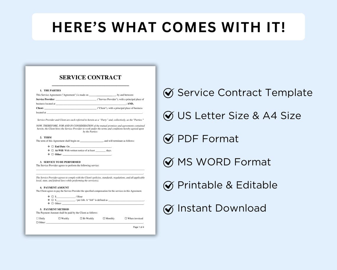Editable Service Contract Template, Printable Services Contract ...