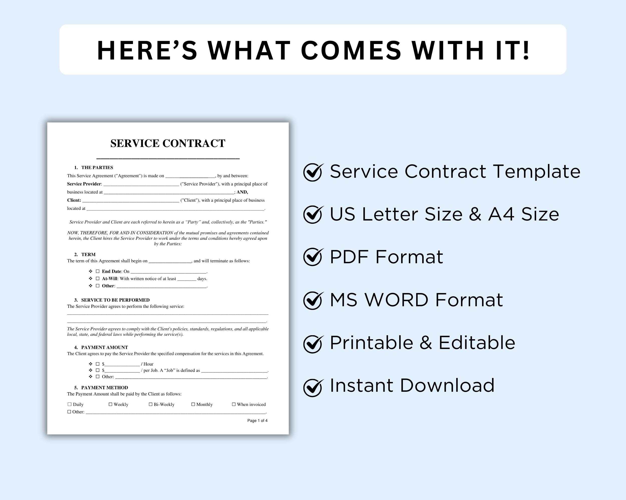 Editable Service Contract Template, Printable Services Contract ...
