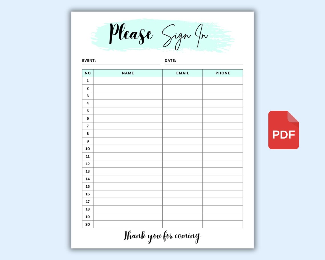 Sign up Sheet Template. Printable Event Sign up Sheet. Sign up Form ...