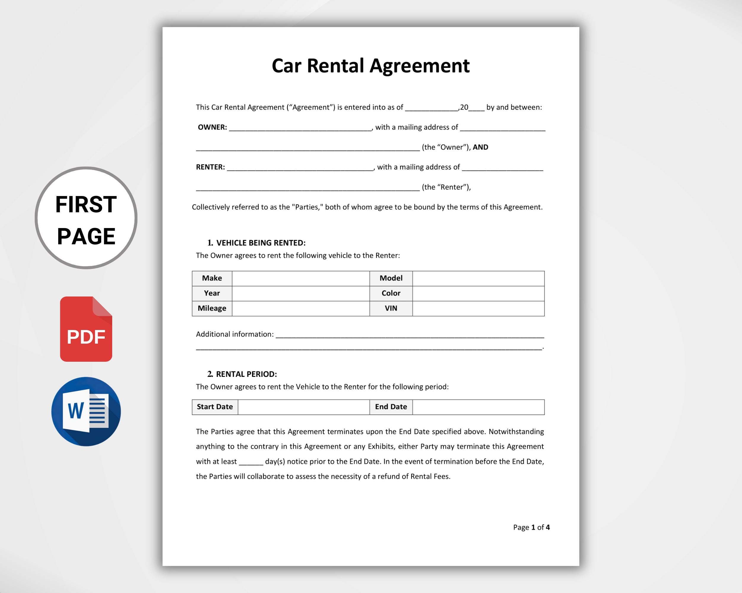 Editable Car Rental Agreement Template, Car Rental Contract, Auto ...
