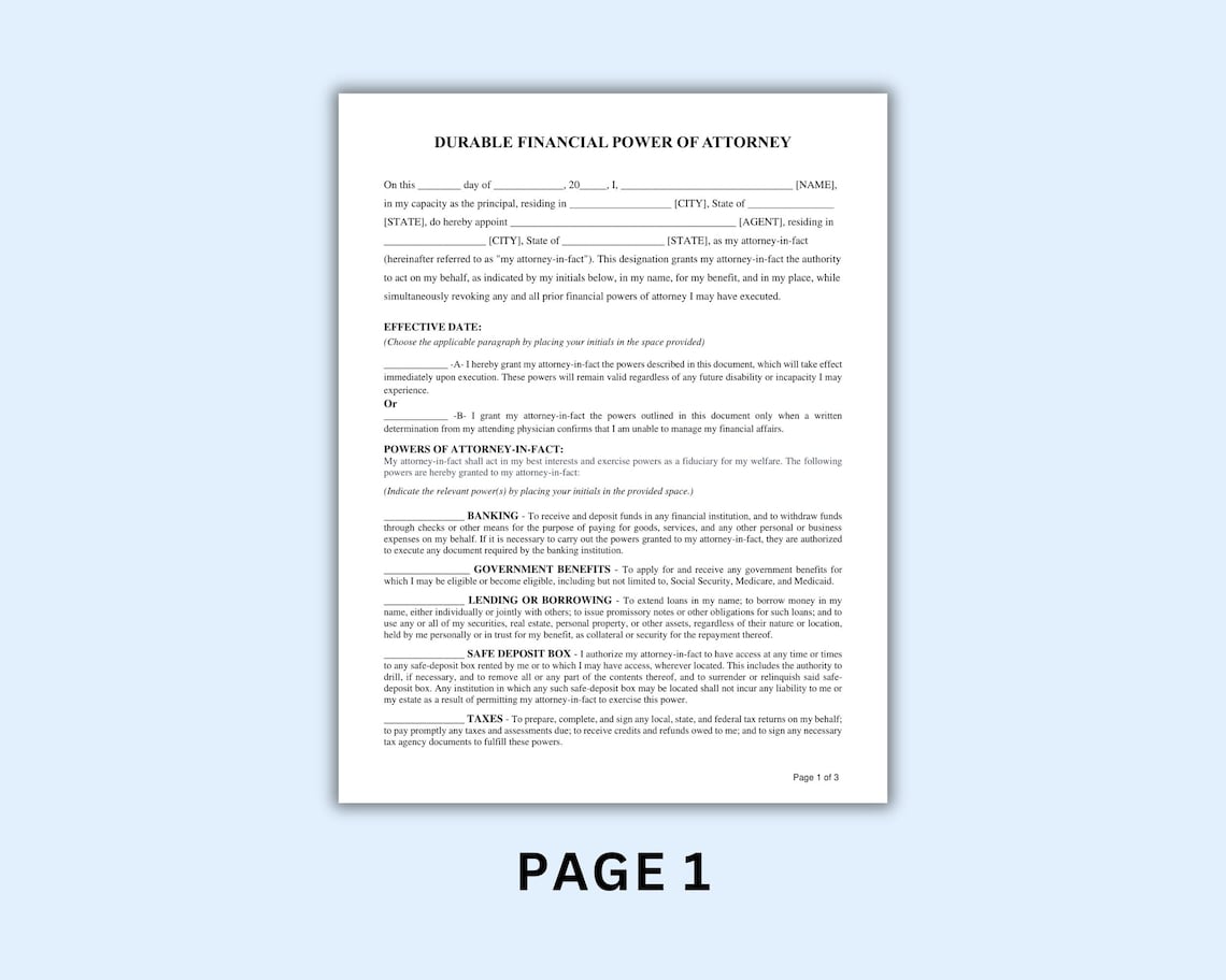 Durable Financial Power of Attorney Template Printable, Editable ...