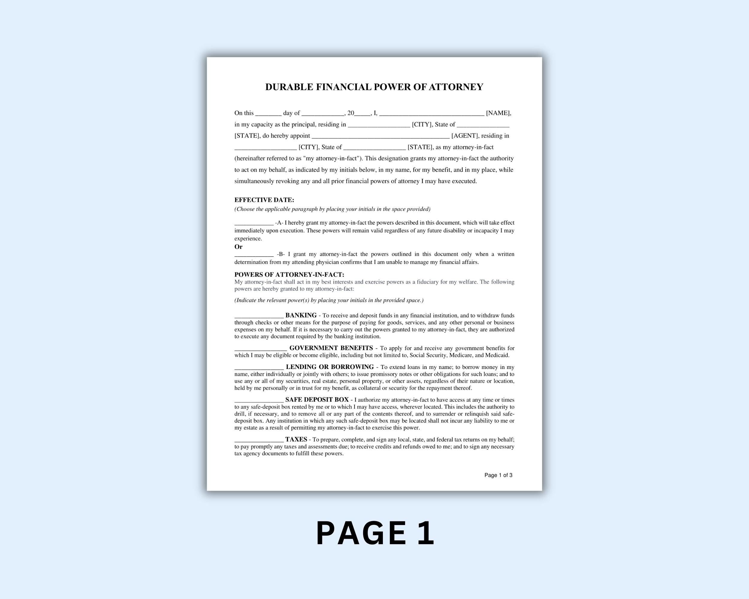 Durable Financial Power of Attorney Template Printable, Editable ...