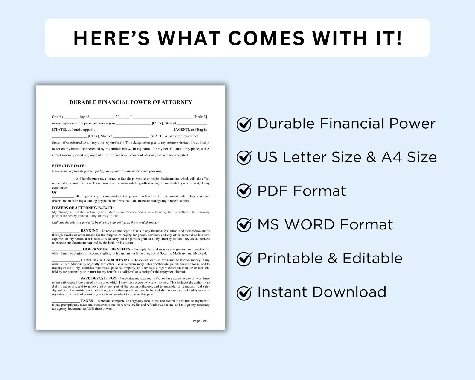 Durable Financial Power of Attorney Template Printable, Editable ...