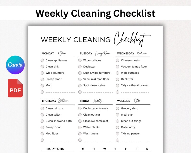 Weekly Cleaning Schedule. Cleaning Checklist. Cleaning to Do List ...
