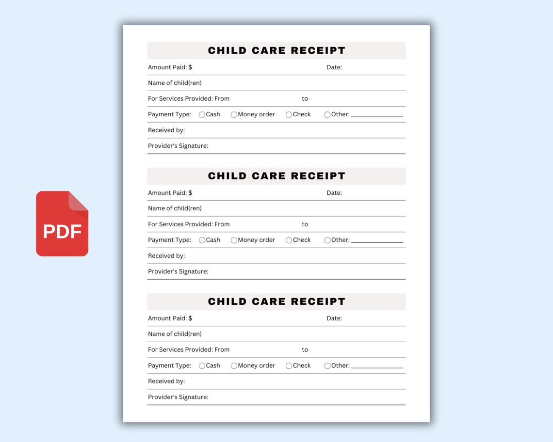 Child Care Receipt Printable, Daycare Payment Form, Daycare Receipt ...