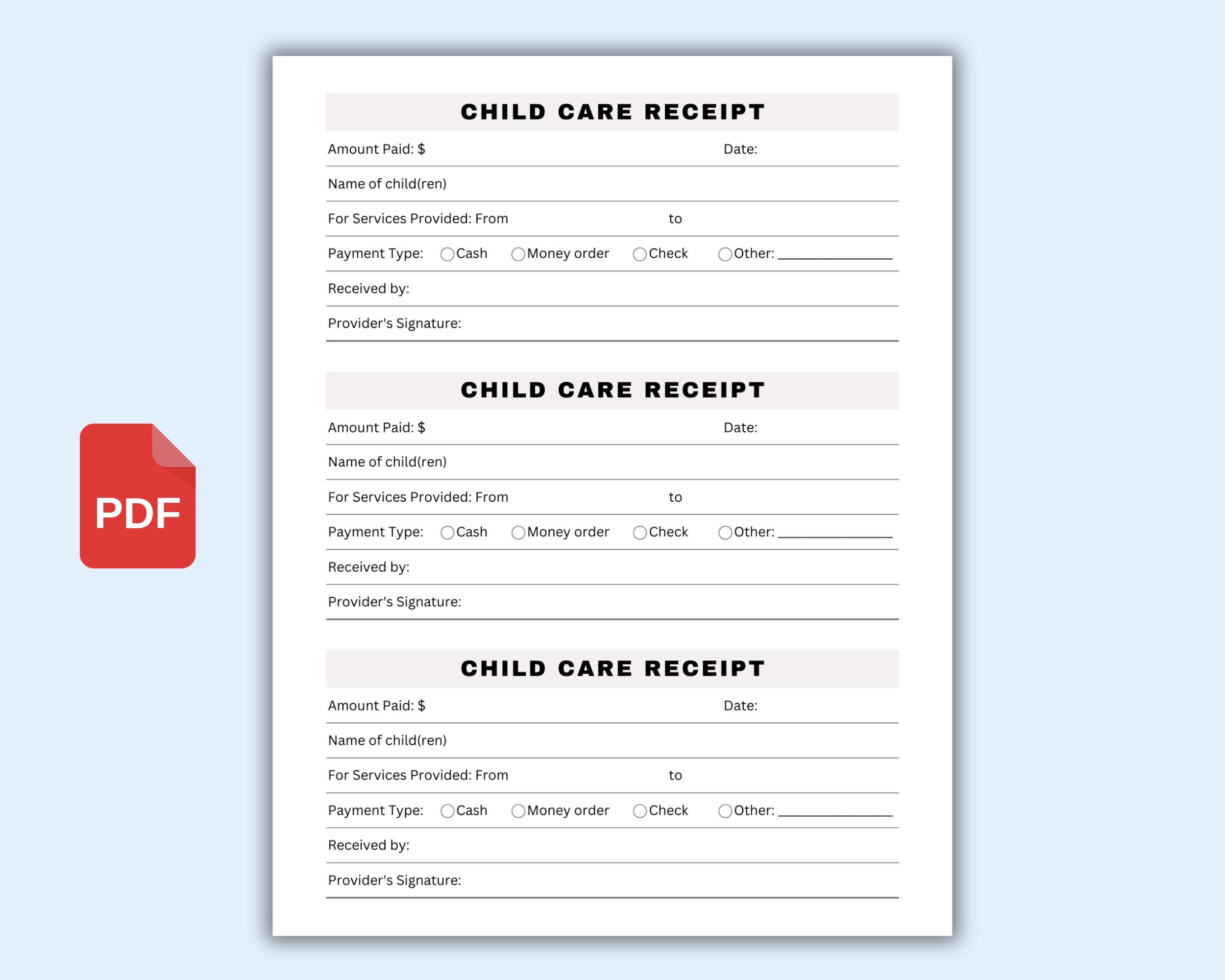 Child Care Receipt Printable, Daycare Payment Form, Daycare Receipt ...