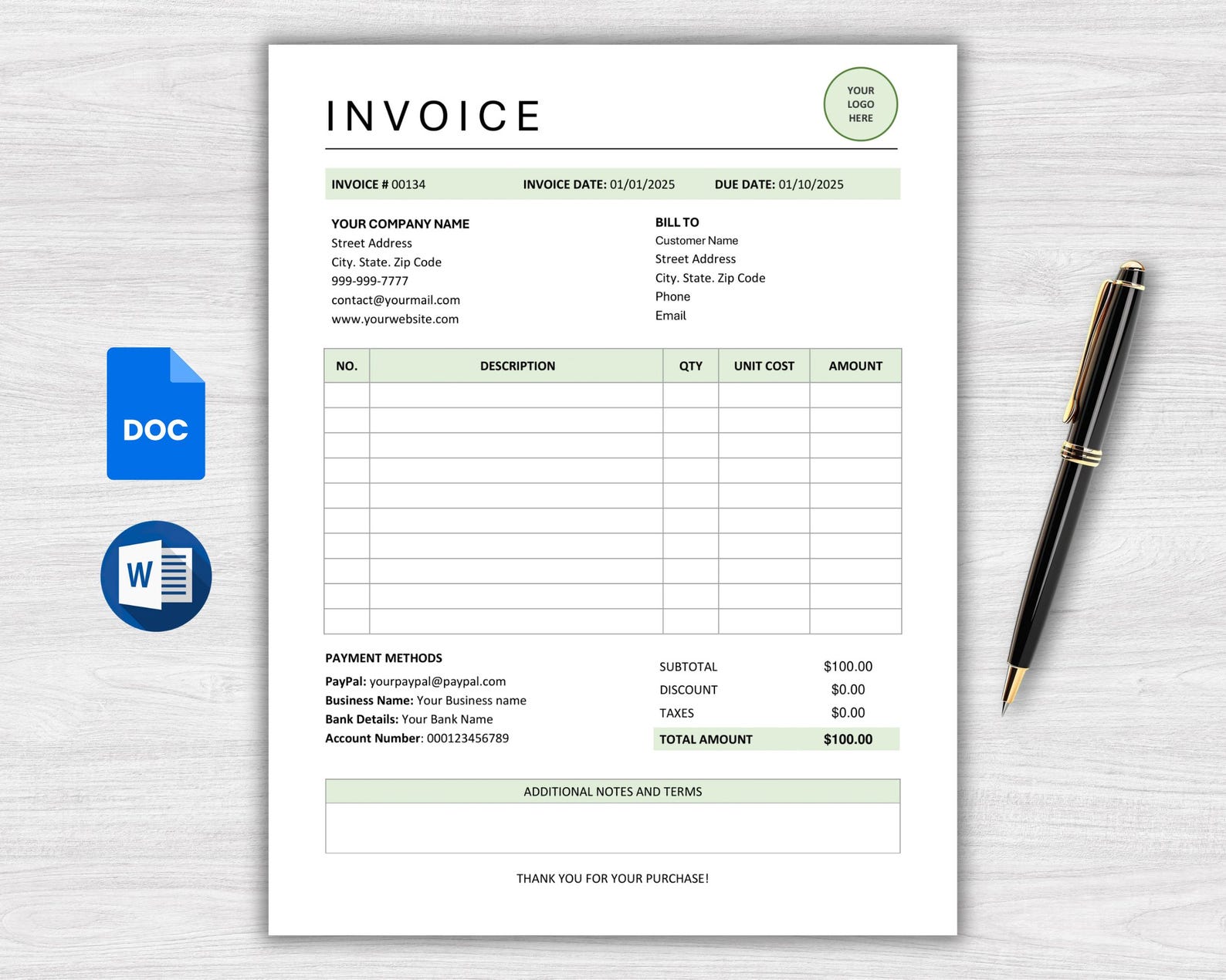 Invoice Template. Business Invoice. Invoice Word. Editable Invoice Form ...