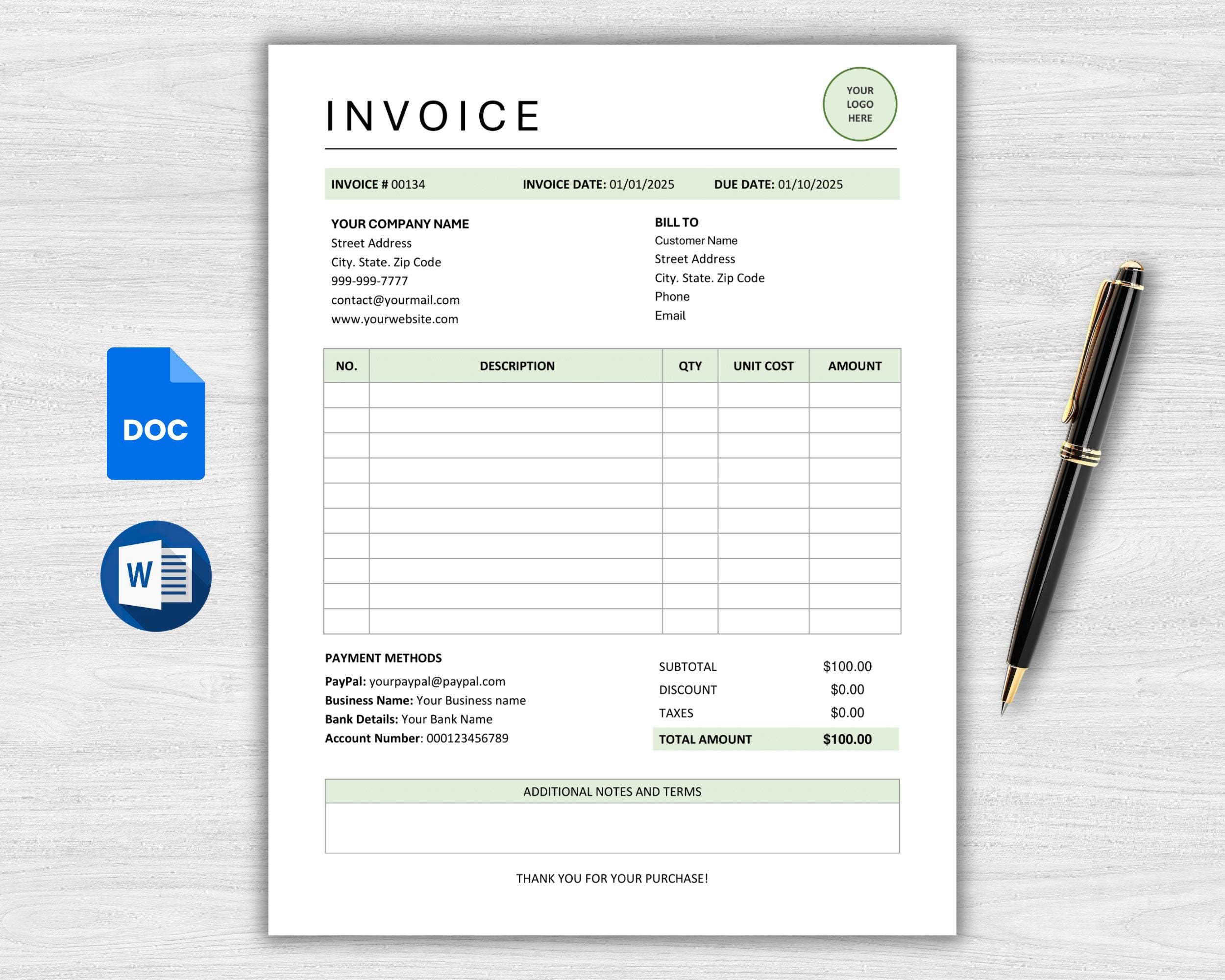 Invoice Template. Business Invoice. Invoice Word. Editable Invoice Form ...
