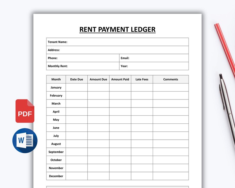 Editable Rent Payment Ledger. Monthly Rent Payment Tracker. Rent ...