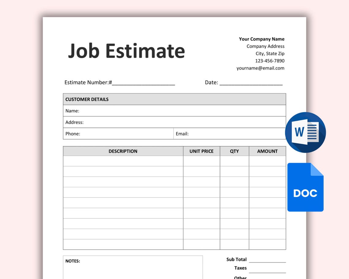 Printable Job Estimate Template. Simple Job Estimate Form. Job Proposal ...