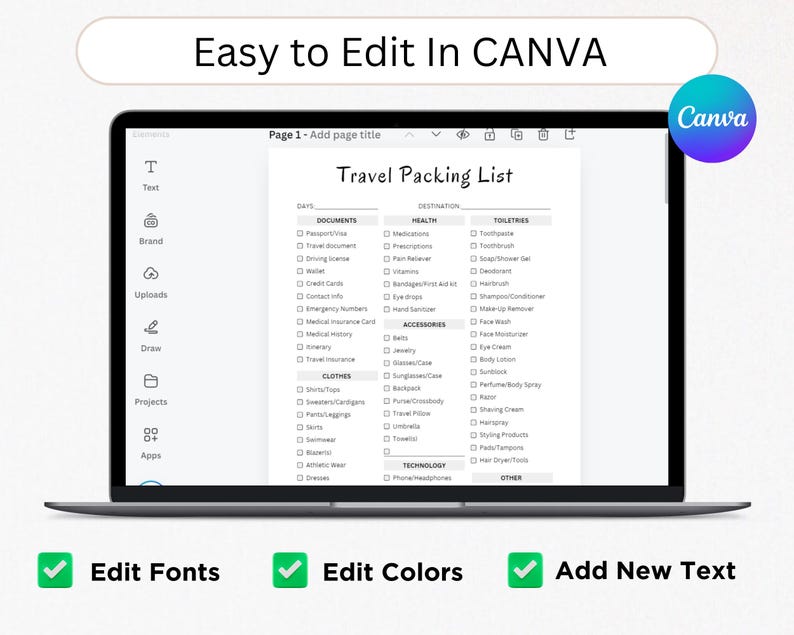 Travel Packing List, Printable, Editable, Travel Vacation Planner ...