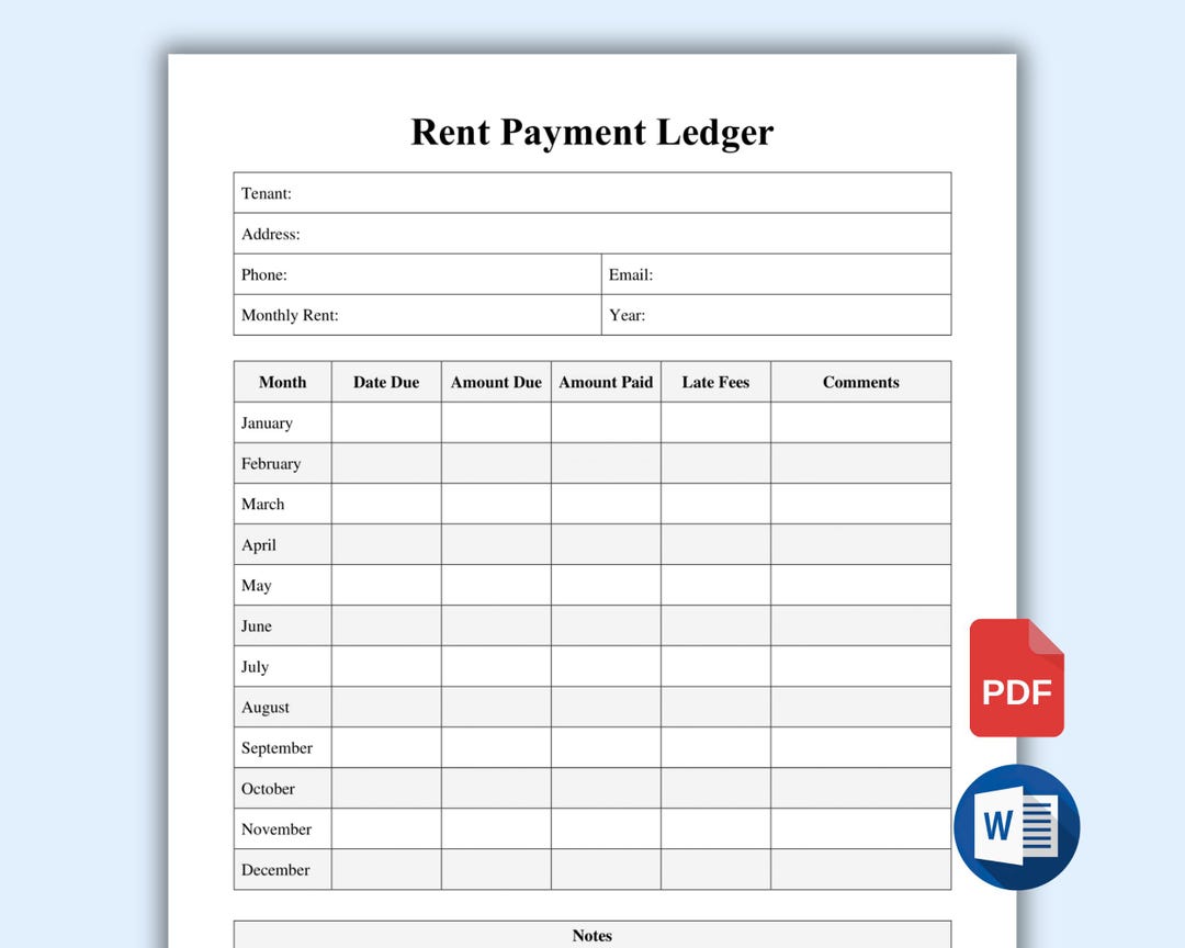 Printable Rent Payment Ledger. Monthly Rent Payment Tracker. Rent ...