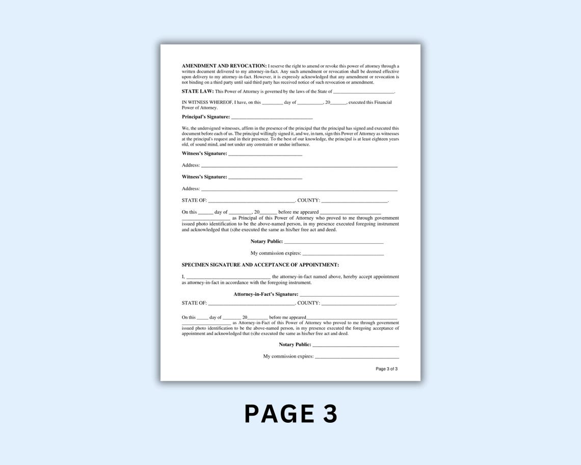 Durable Financial Power of Attorney Template Printable, Editable ...