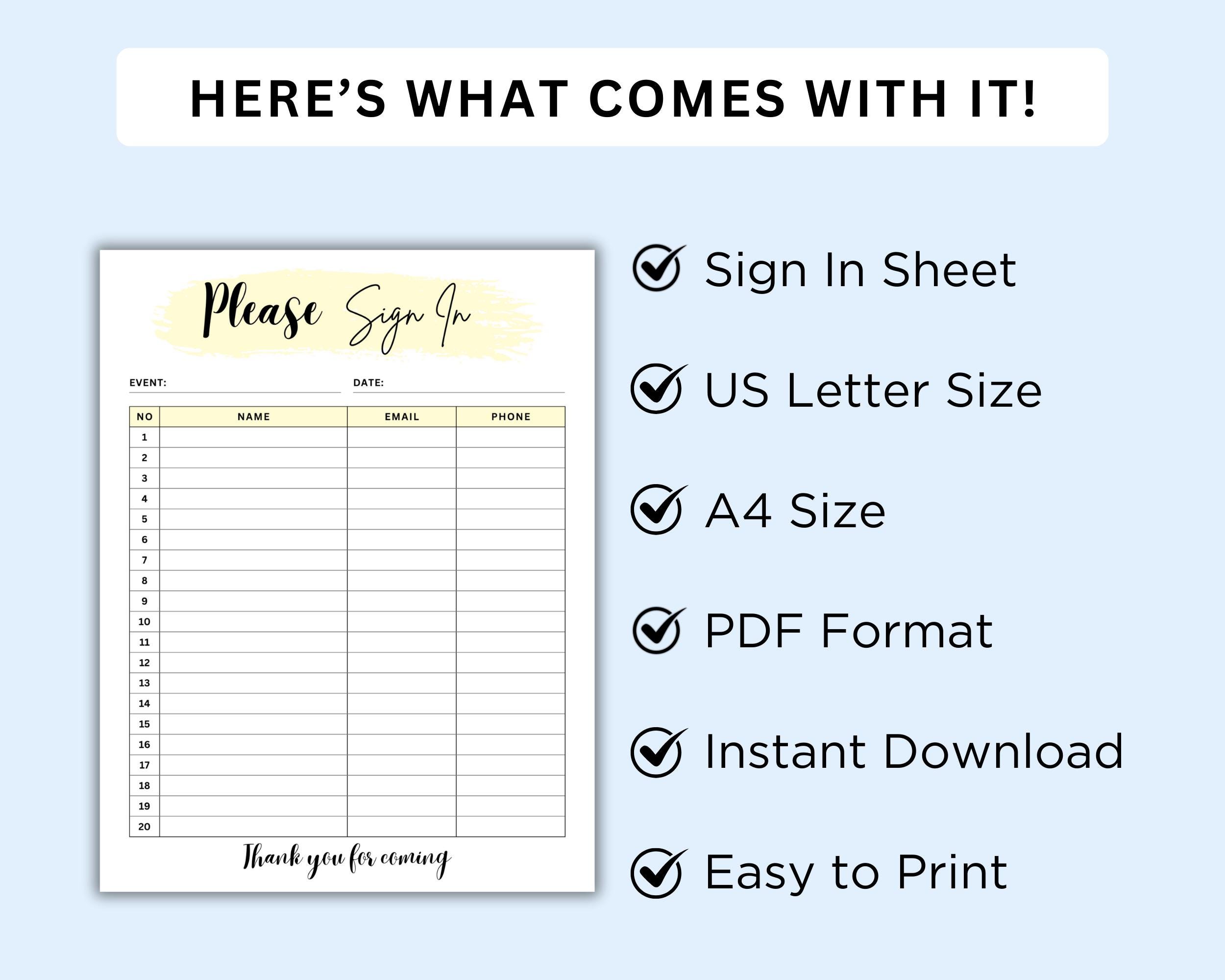 Sign up Sheet Template. Printable Event Sign up Sheet. Sign up Form ...