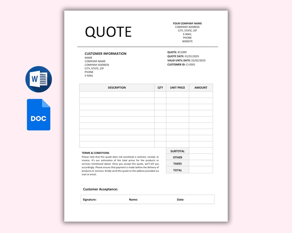 Quote Template Editable. Price Quotation Form. Job Proposal. Invoice ...